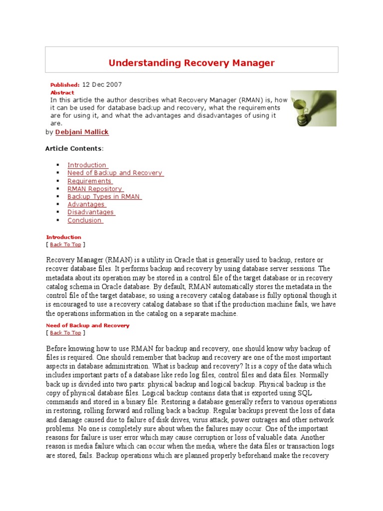 Understanding Recovery Manager | PDF | Backup | Databases