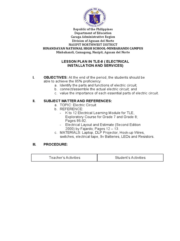 TLE-8 Lesson Plan: Electric Circuit | PDF | Direct Current ...