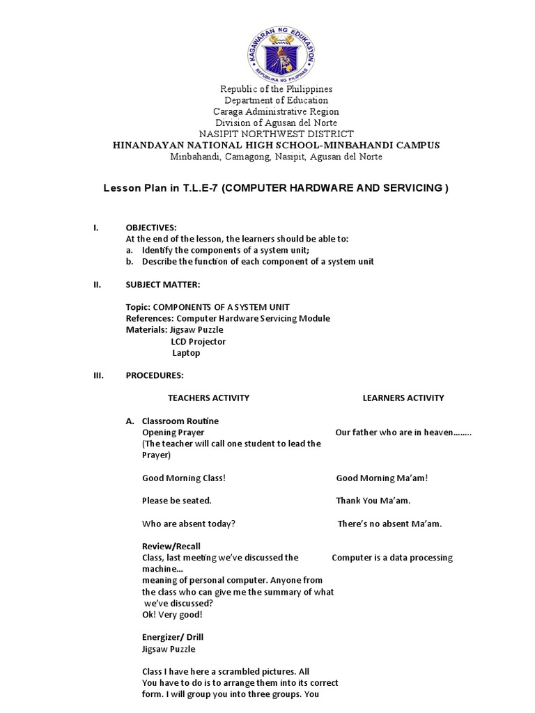 Lesson Plan in Tle Computer Hardware and Servicing Grade 8 PDF Free ...