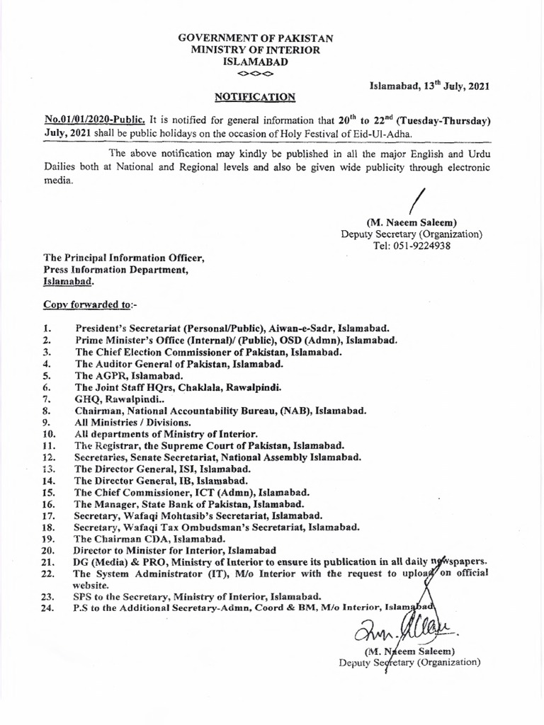 Eid Ul-Adha 2021 Holiday Notification | PDF | Islamabad | World Politics