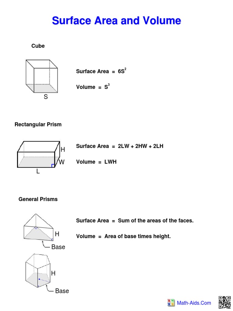 Surface Area and Volume Formulas | PDF | Volume | Area