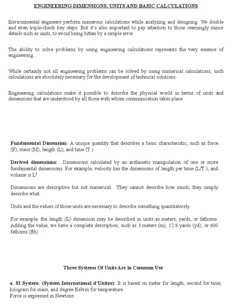 Dimensions, Unit Conversion and Basic Engineering Calculations | PDF ...