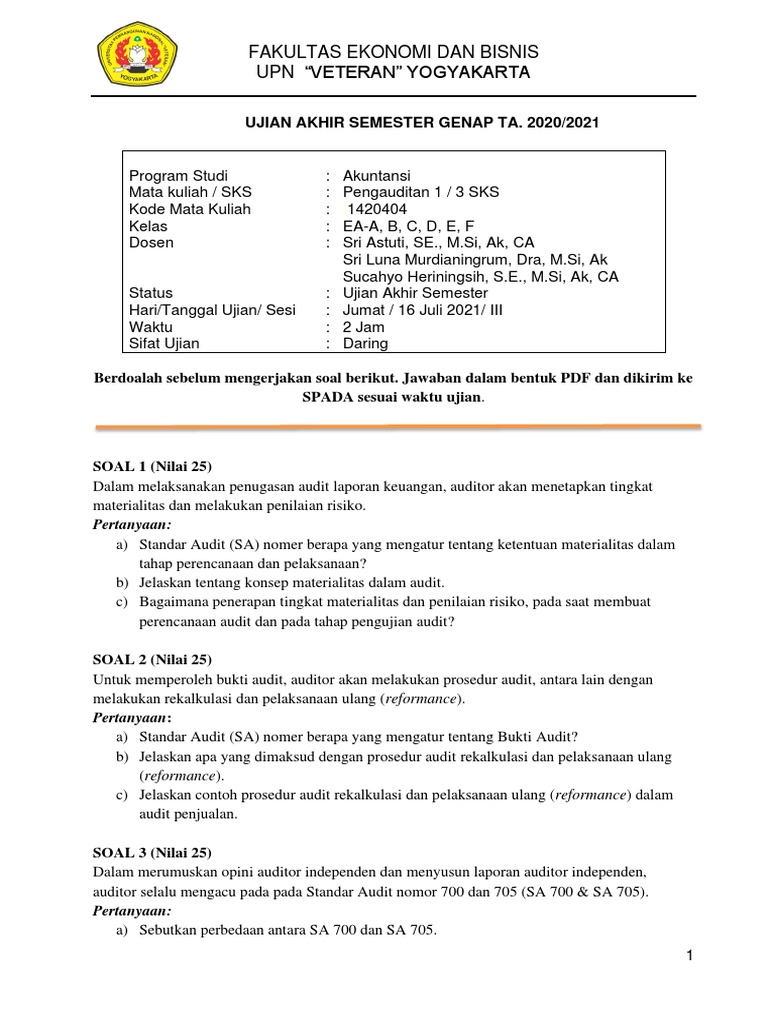 Soal Uas Pengauditan 1 Genap 2021 | PDF