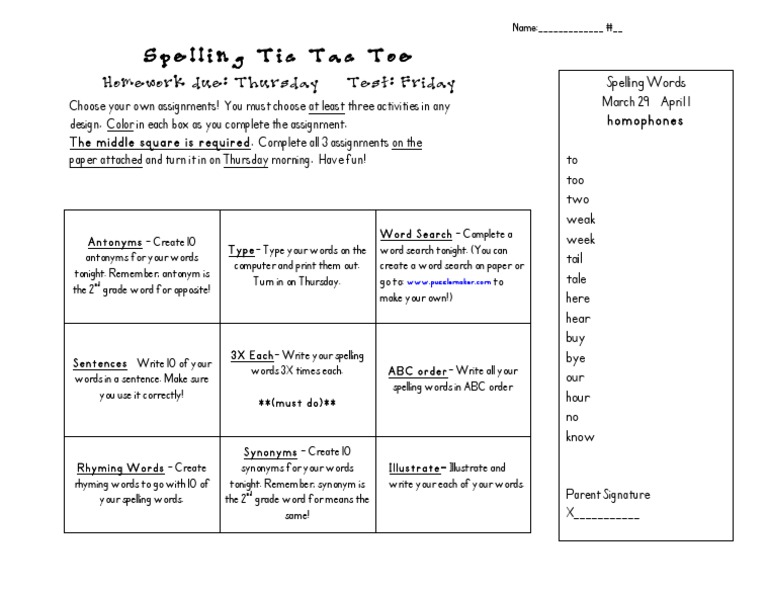 Spelling Tic Tac Toe Homework | PDF | Semiotics | Linguistics