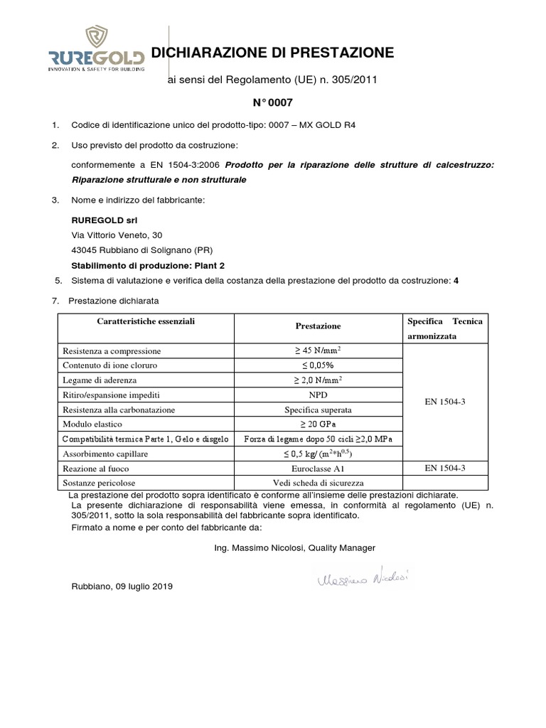 Dichiarazione Di Prestazione N° 0007 - MX Gold R4 | PDF