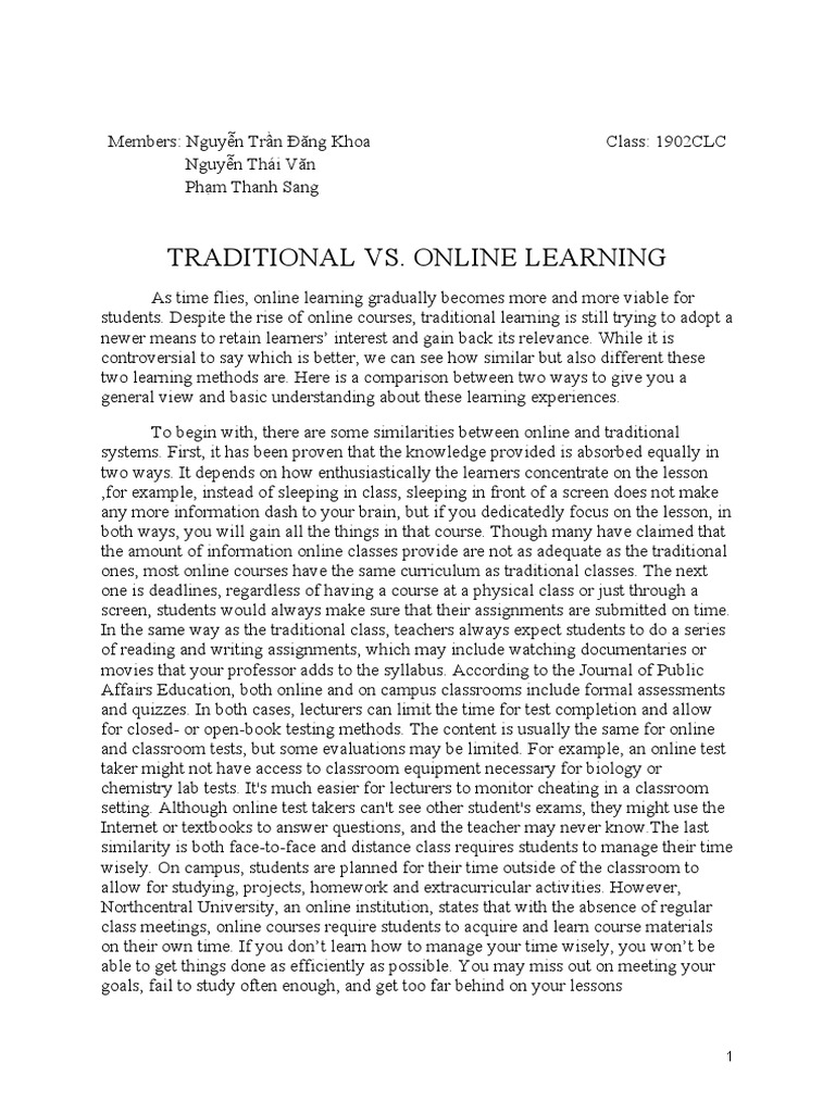 Comparison Essay Traditional Vs Online Learning | Download Free PDF ...