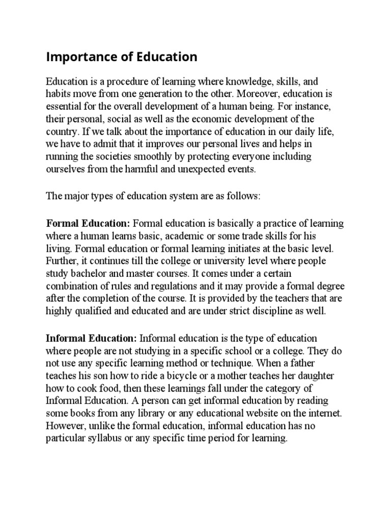 Importance of Education: Formal Education: Formal Education Is ...
