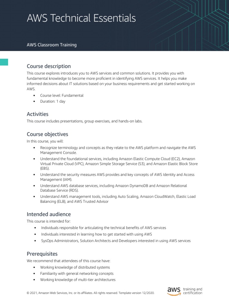 AWS Technical Essentials: Course Description | PDF | Amazon Web ...