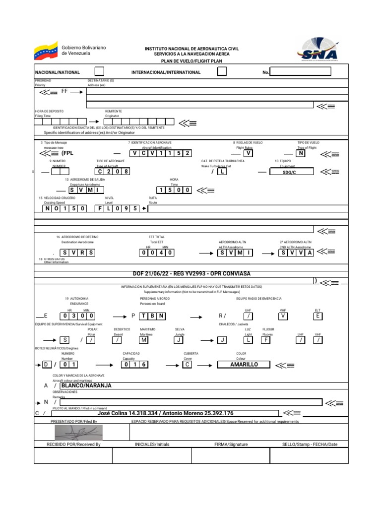 Plan de Vuelo VCV1152 | Descargar gratis PDF | Aviación | Transporte aéreo