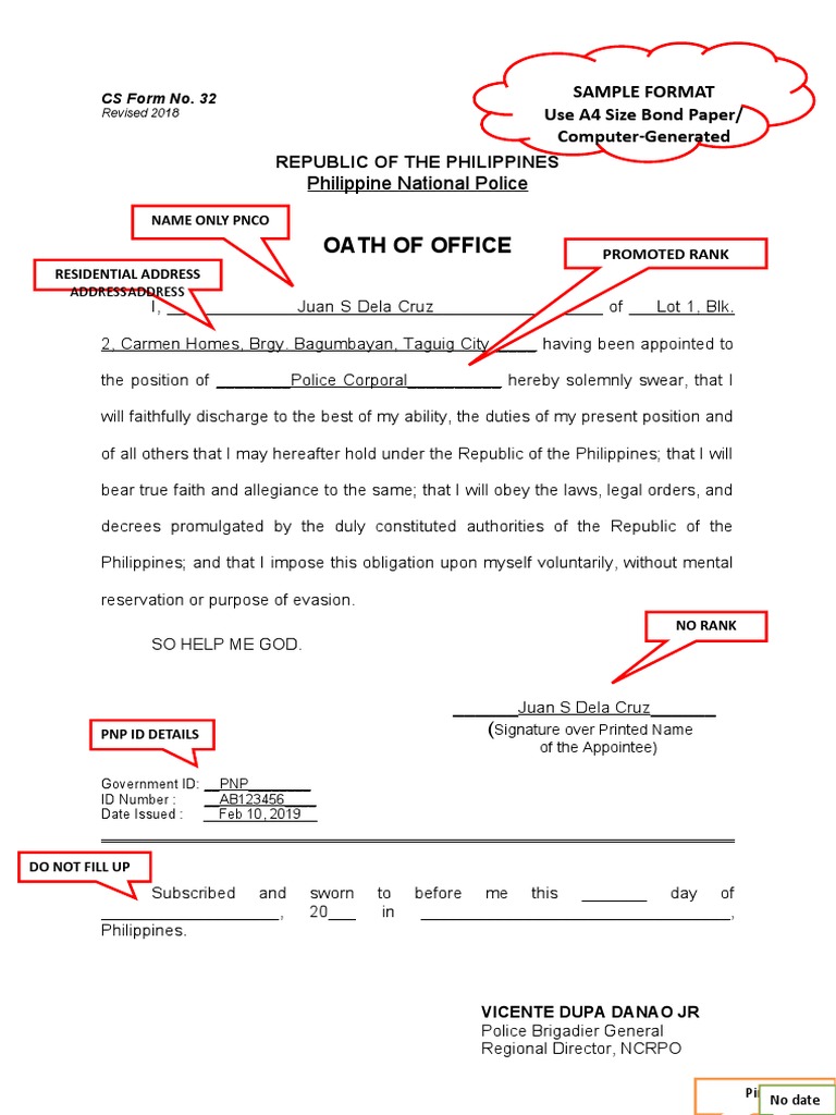 CS Form No. 32 Sample Blank OATH OF OFFICE | PDF | Oath Of Office ...