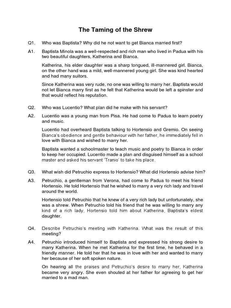 Q & A (Taming of The Shrew) | PDF | The Taming Of The Shrew | Nicolaus ...