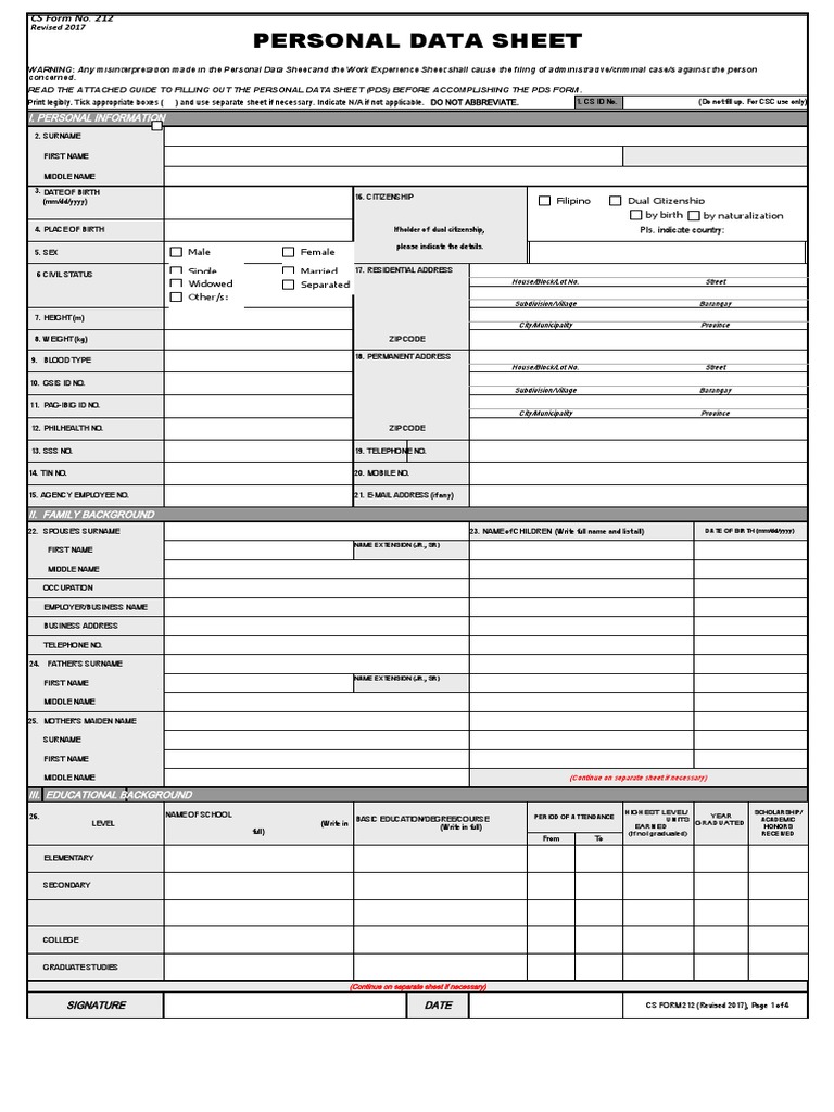 CSC PDS 2017 Blank | PDF | Passport | Crime & Violence
