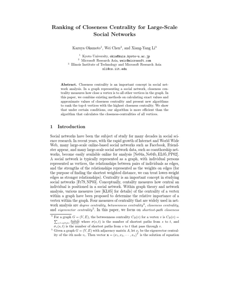 Ranking of Closeness Centrality For Large-Scale Social Networks | PDF | Time Complexity ...