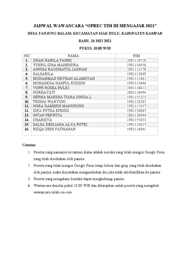 Wawancara OPREC Tim HI Mengajar 2021 | PDF