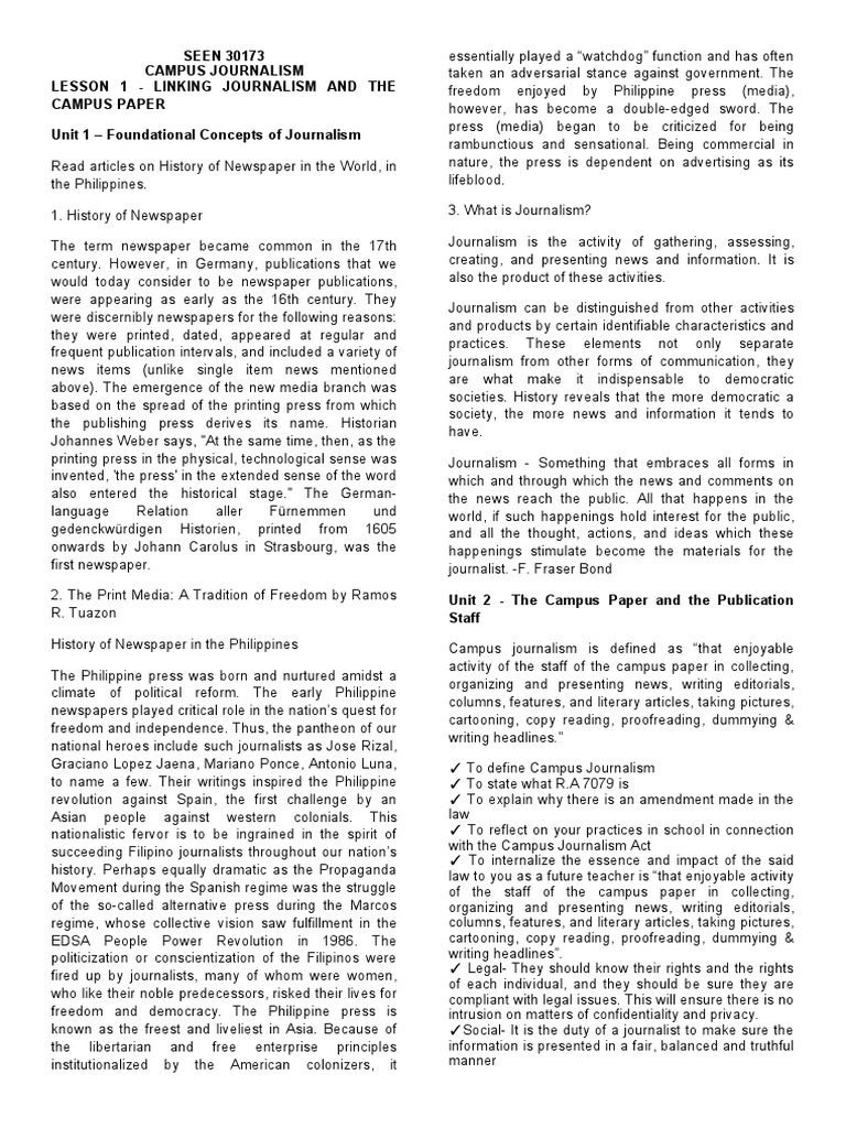 SEEN 30173 Campus Journalism Lesson 1 - Linking Journalism and The ...