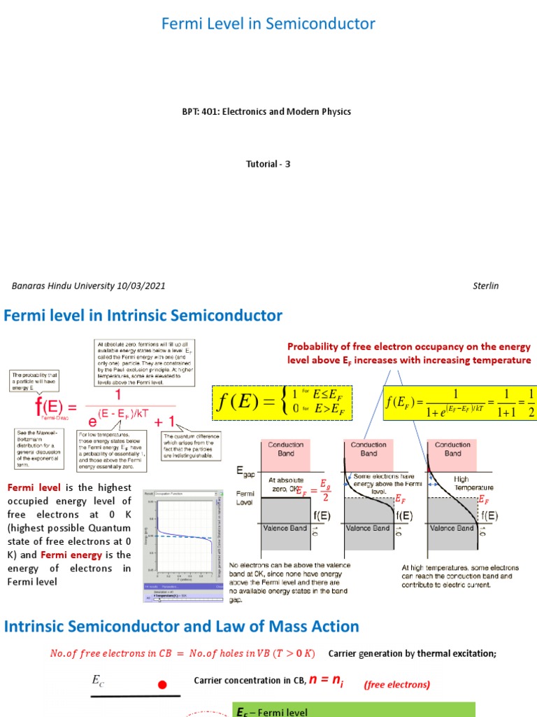 Fermi Level in Semiconductor: BPT: 401: Electronics and Modern Physics ...