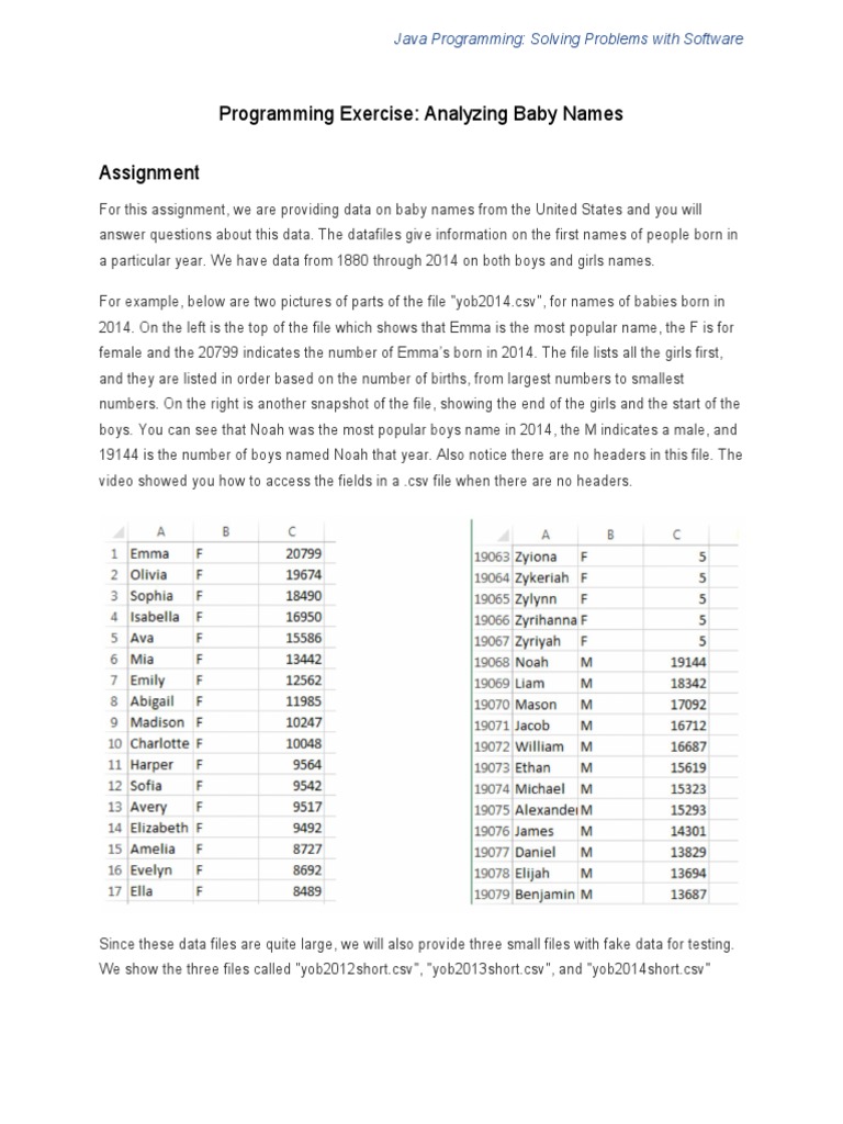 Programming Exercise: Analyzing Baby Names Assignment: Java Programming: Solving Problems With ...
