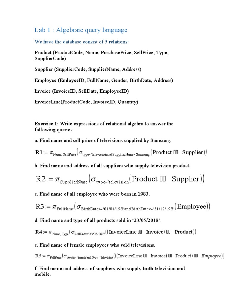 Supplier Product: R2 : Lab 1: Algebraic Query Language | PDF | Databases | Business