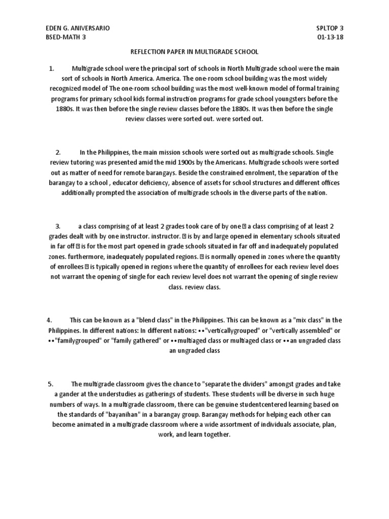 Reflection Paper in Multigrade School | PDF | Classroom | Teachers