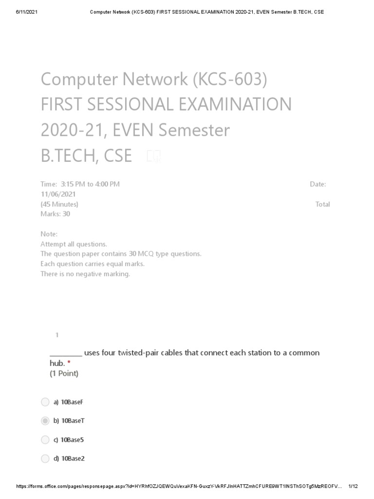 Computer Network Kcs 603 First Sessional Examination 2020 21 Even Semester Btech Cse Pdf 