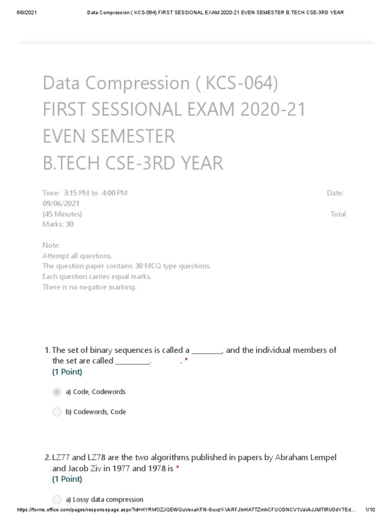 Data Compression (KCS-064) FIRST SESSIONAL EXAM 2020-21 EVEN SEMESTER B.TECH CSE-3RD YEAR ...