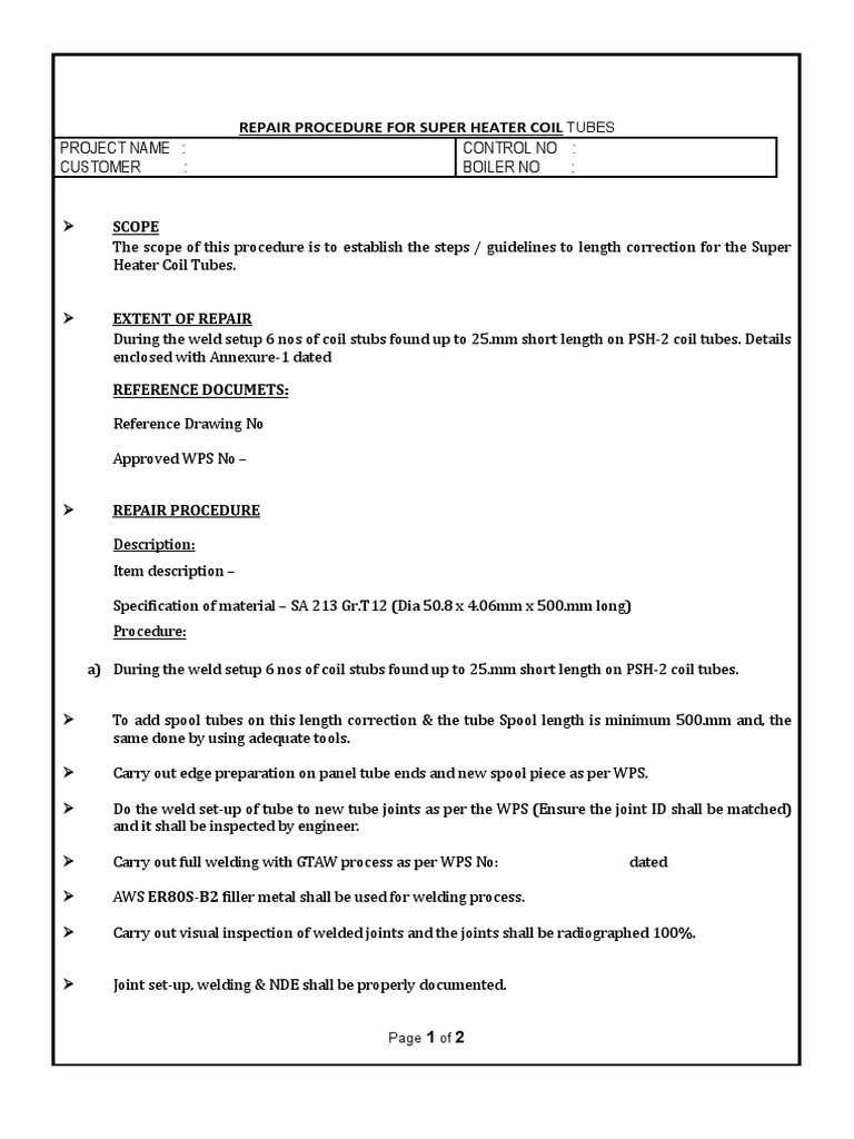 Repair Procedure For Super Heater Coil Tubes | PDF