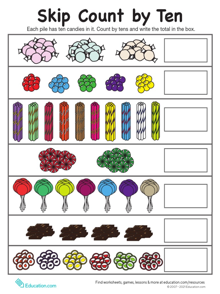 Each Pile Has Ten Candies in It. Count by Tens and Write The Total in ...