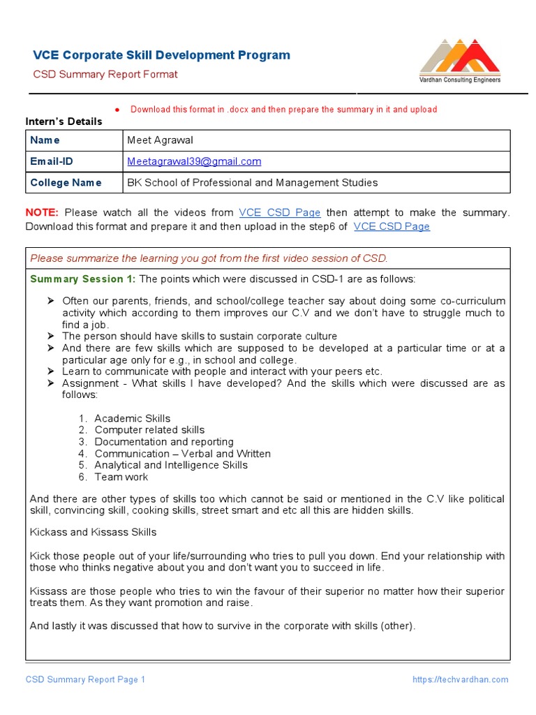VCE Corporate Skill Development Program: CSD Summary Report Format ...