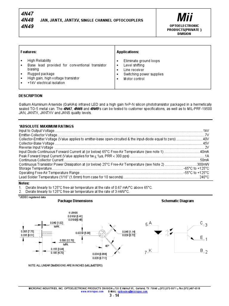 Jan, Jantx, Jantxv,: Single Channel Optocouplers | PDF | Transistor | Semiconductor Devices