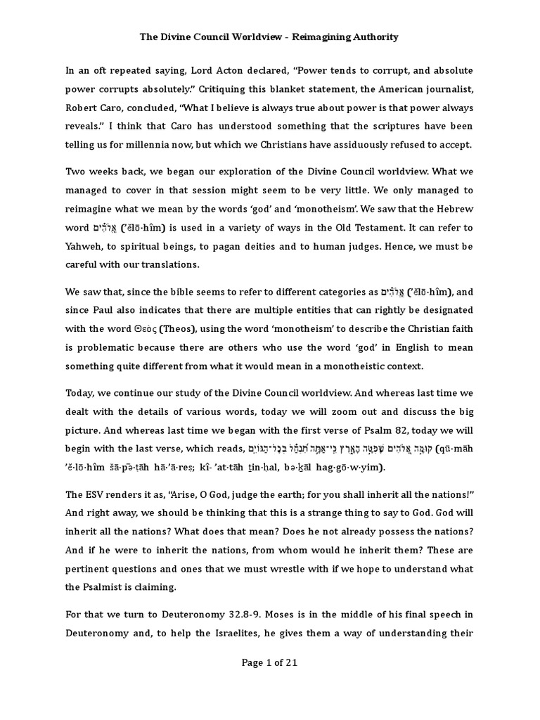 Psalm 82 The Divine Council Worldview - Reimagining Authority | PDF ...