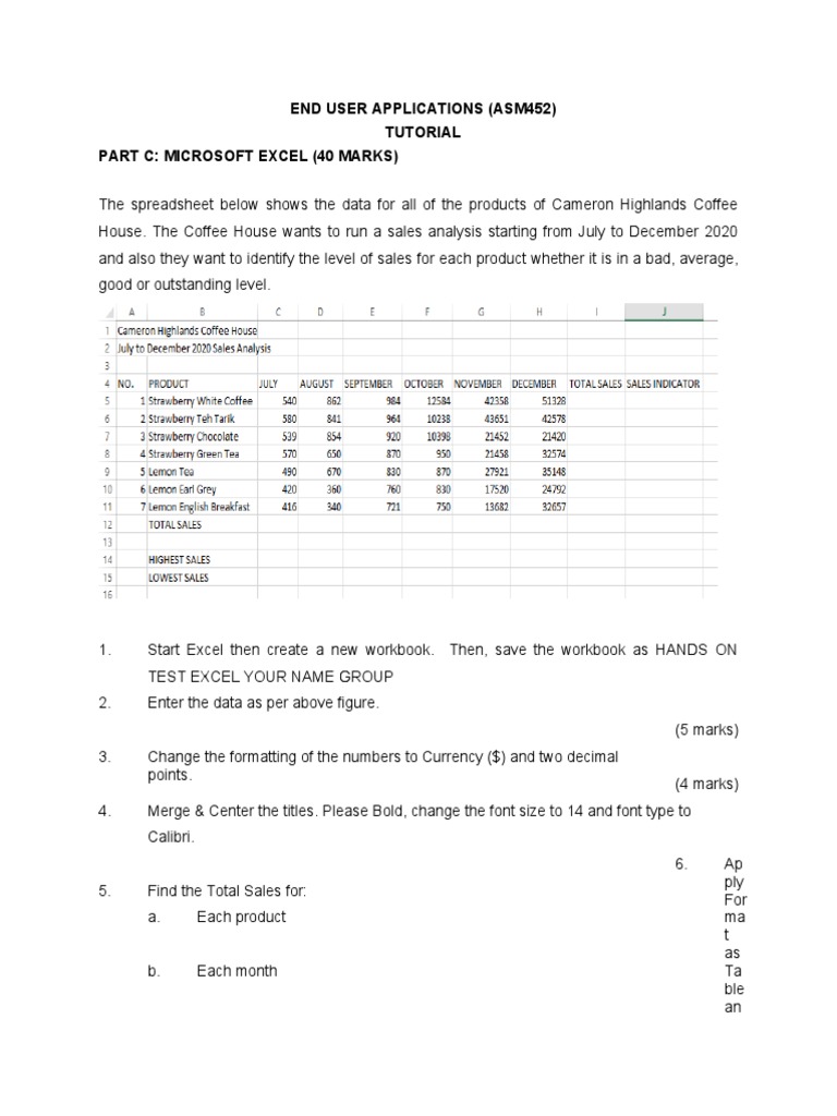 End User Applications (Asm452) Tutorial Part C: Microsoft Excel (40 Marks) | PDF | Microsoft ...