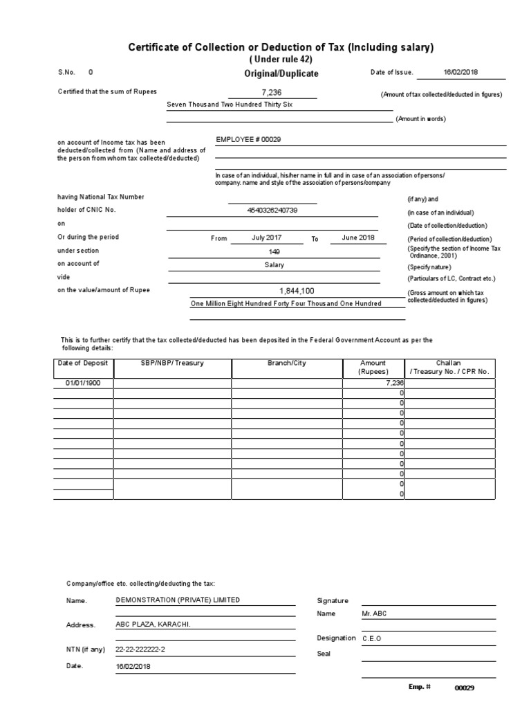 Certificate of Collection or Deduction of Tax (Including Salary) | PDF ...