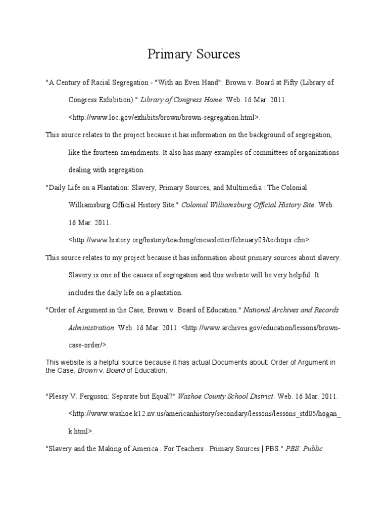 Primary and Secondary Sources | PDF | Jim Crow Laws | Brown V. Board Of ...