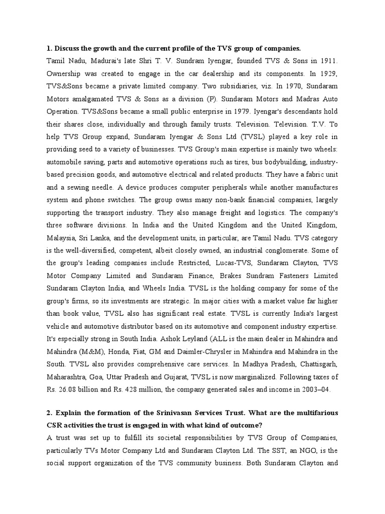 Discuss The Growth and The Current Profile of The TVS Group of ...