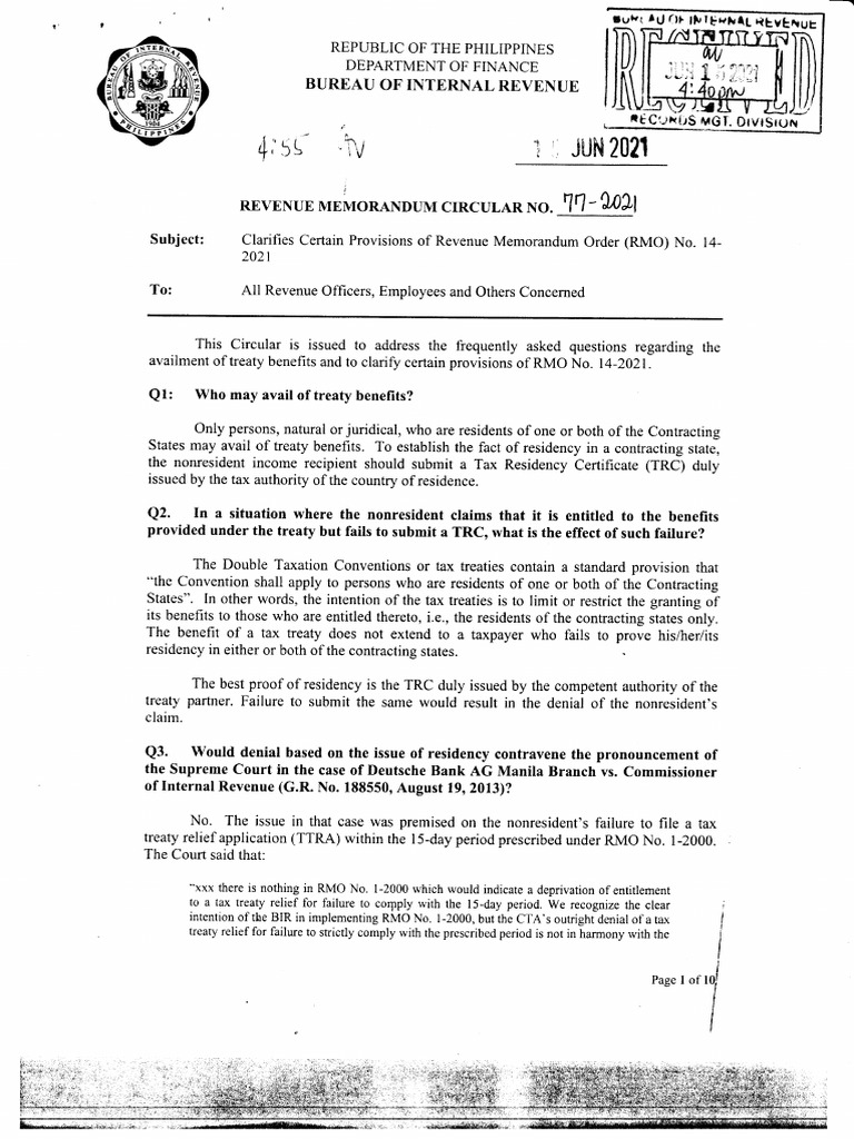 RMC No. 77-2021 | PDF | Tax Treaty | Withholding Tax