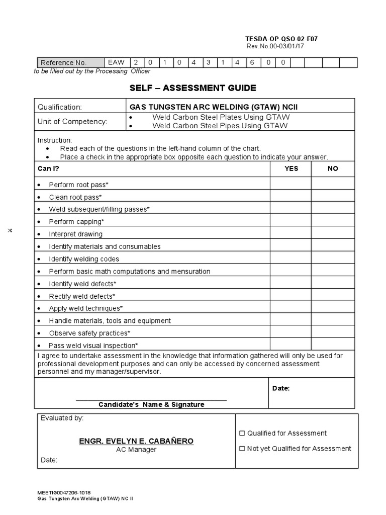 Self - Assessment Guide: Gas Tungsten Arc Welding (Gtaw) Ncii | PDF