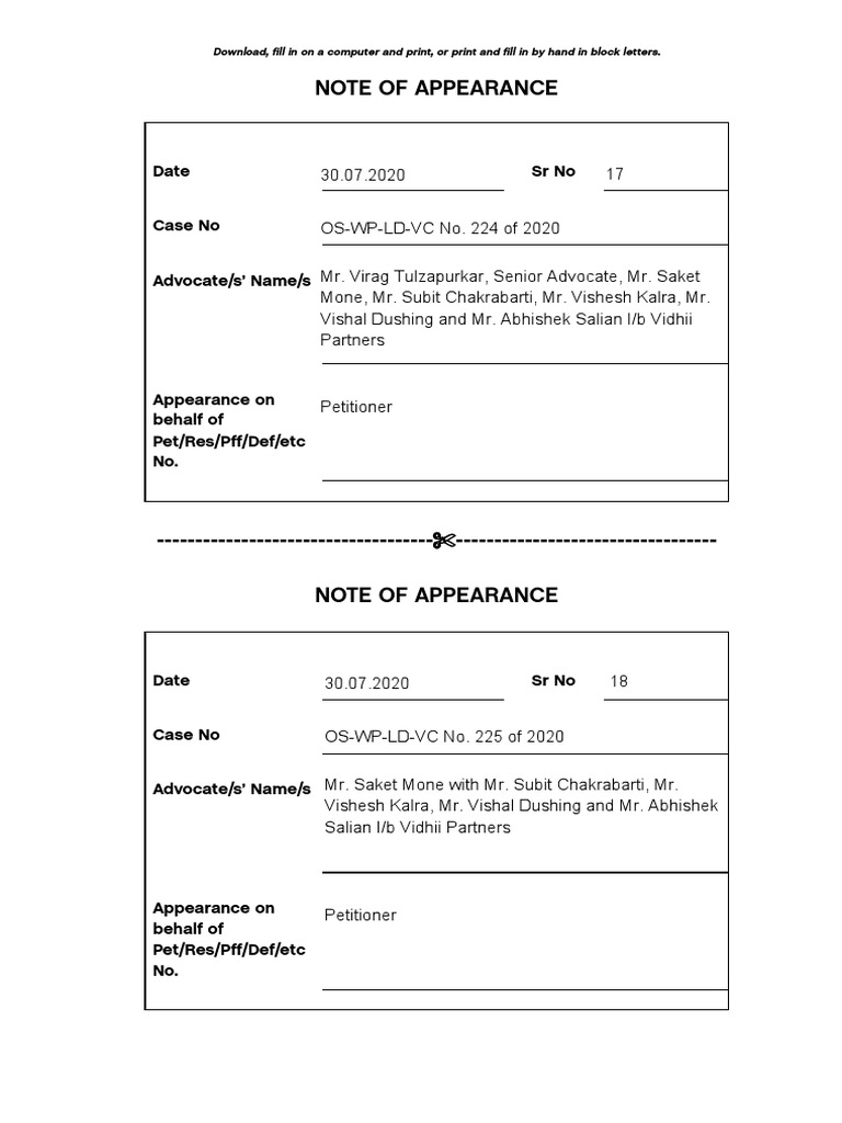 Note of Appearance: Date SR No Case No Advocate/s' Name/s | PDF