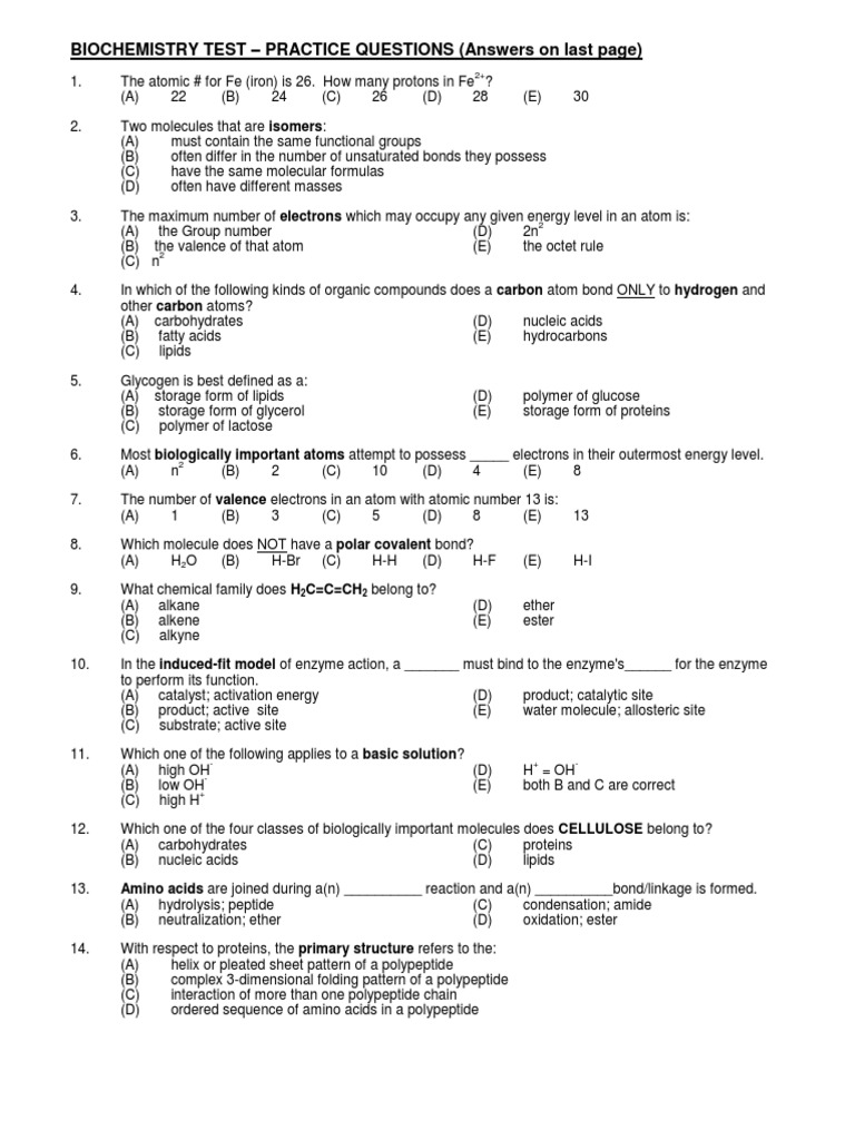 Biochemistry Test - PRACTICE QUESTIONS (Answers On Last Page) | PDF ...