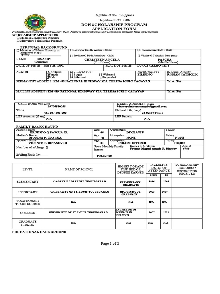 DOH Medical Scholarship Application Form | PDF | Nursing | Government