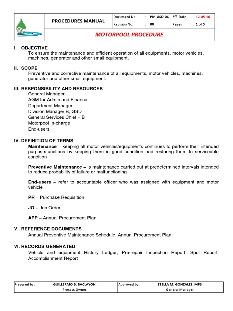 Motorpool Procedure: Procedures Manual | PDF | Engines | Vehicles