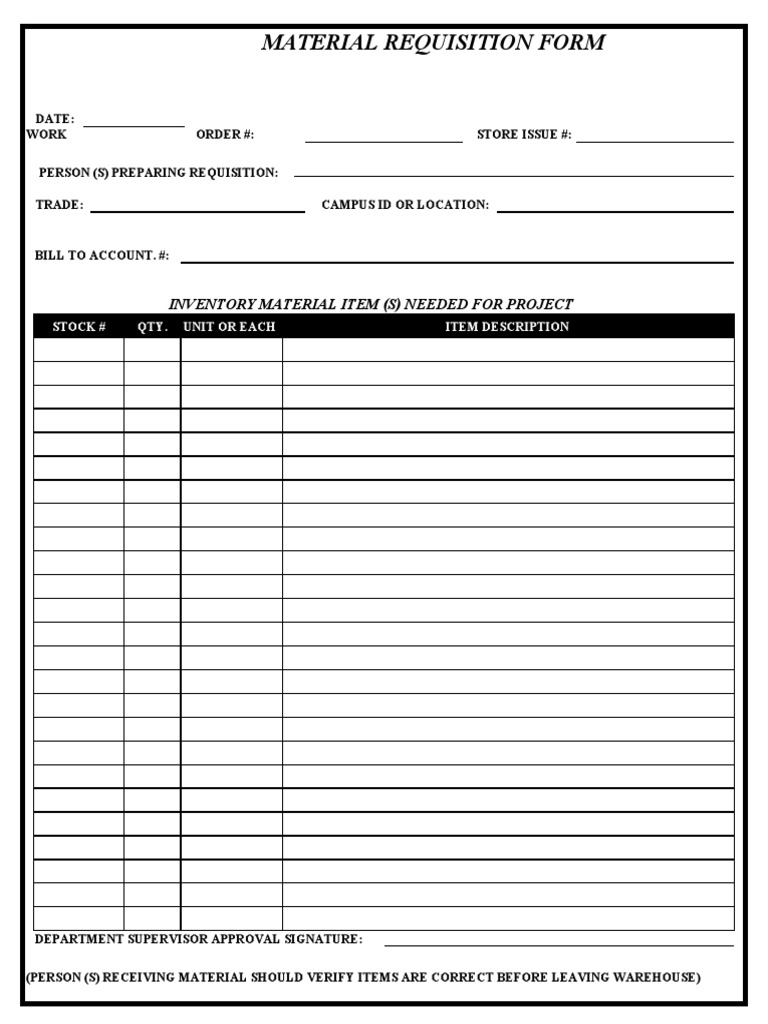 Material Requisition Form: Inventory Material Item (S) Needed For ...
