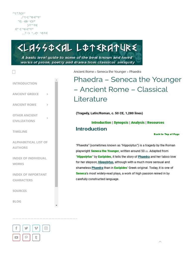 PHAEDRA - PLAY SUMMARY & ANALYSIS - Seneca The Younger | PDF | Classics