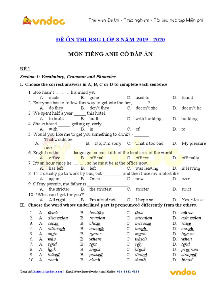 Bo de Thi Hoc Sinh Gioi Tieng Anh Lop 8 | PDF