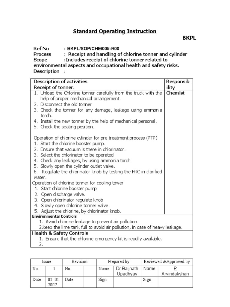 Sop For Chlorine Cylinder&Tonner | PDF