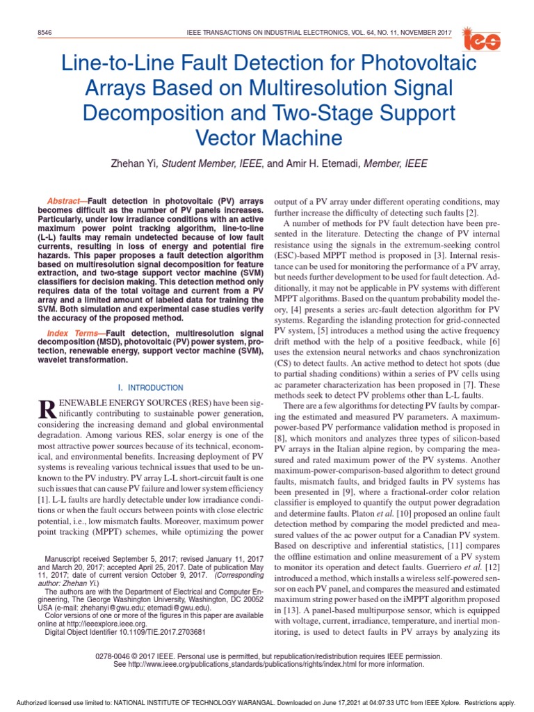 Line-to-Line Fault Detection For Photovoltaic Arrays Based On Multiresolution Signal ...