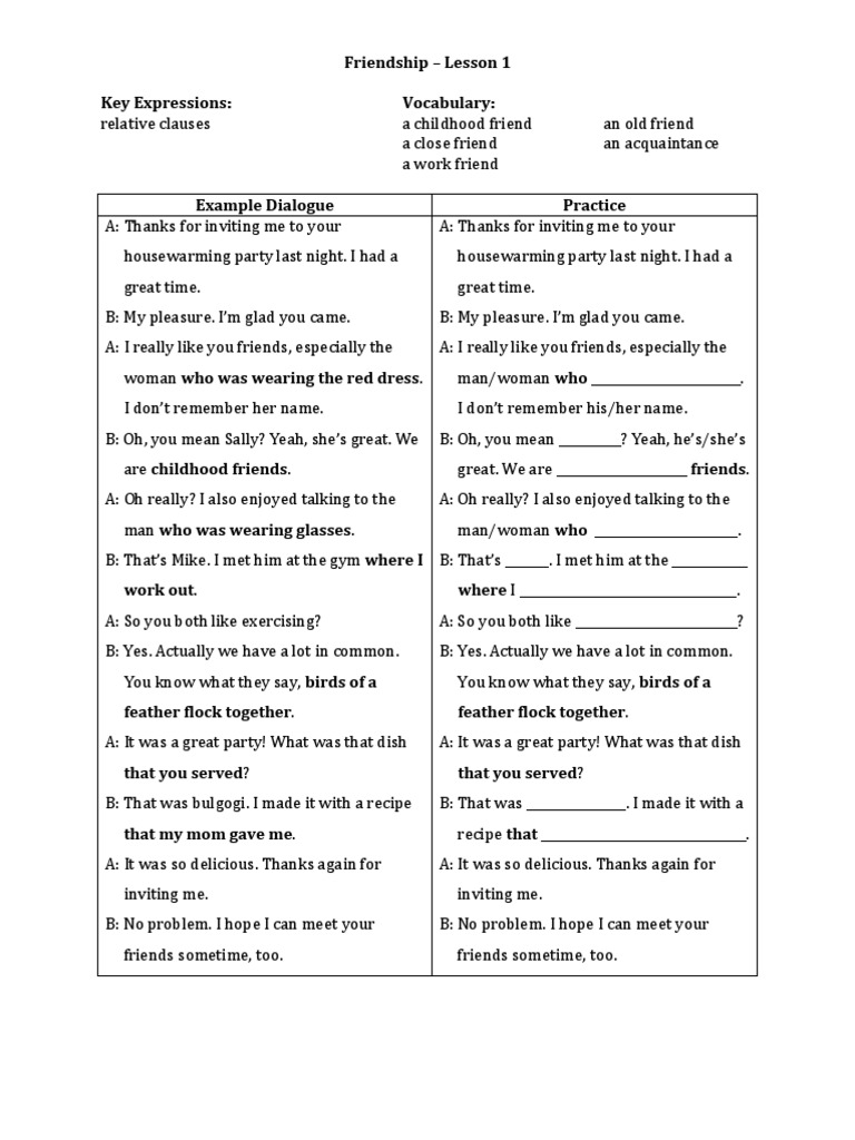 Friendship - Lesson 1 Key Expressions: Vocabulary | PDF