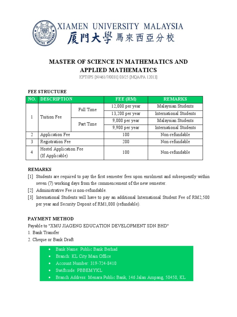 Master of Science in Mathematics and Applied Mathematics: Fee Structure ...