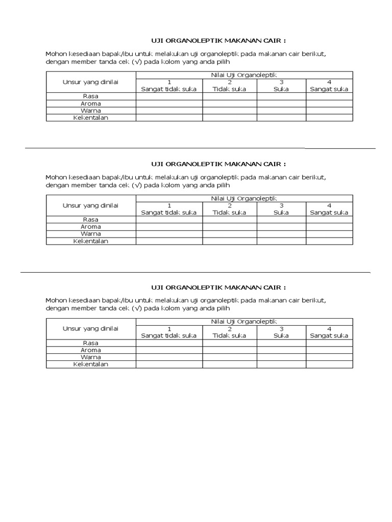 Form Uji Organoleptik | PDF | Memasak, Makanan, & Anggur | Kesehatan ...