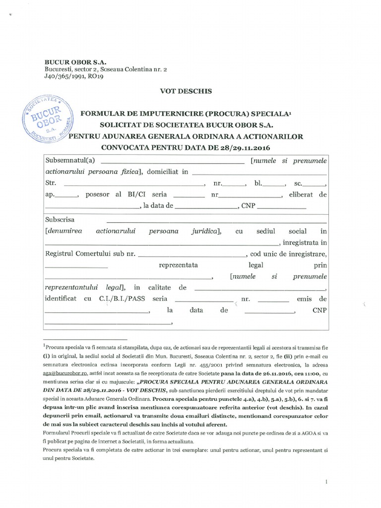 Formular de Imputernicire Procura Speciala Vot Decshis Si Secret AGOA ...