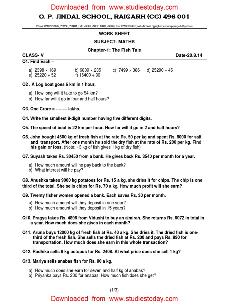 CBSE Class 5 Mathematics Worksheet - The Fish Tale | PDF | Business